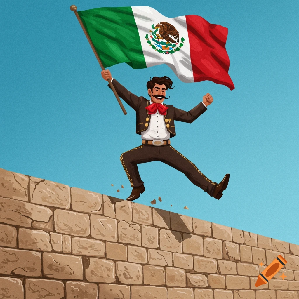 A man in Mexican attire jumping over a wall with a Mexican flag. on Craiyon