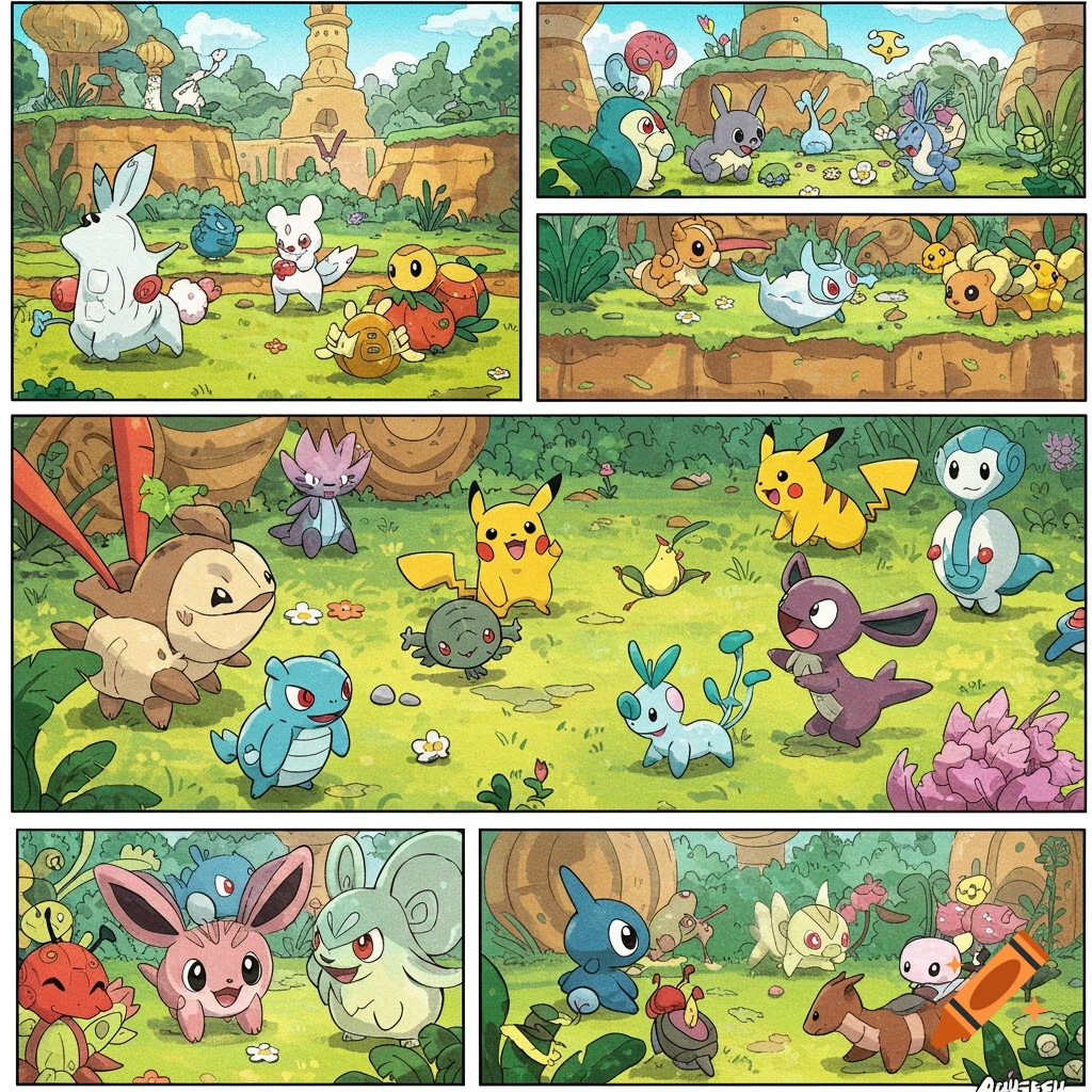 Multi-panel digital illustration showing various Pokemon characters in ...
