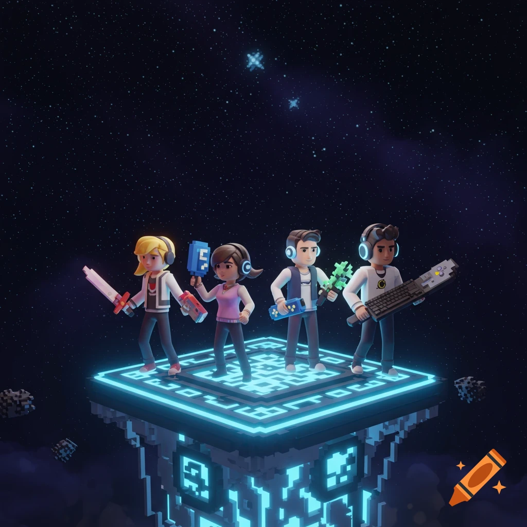 Team of 4 pixel art characters on glowing platform with 8-bit stars on ...