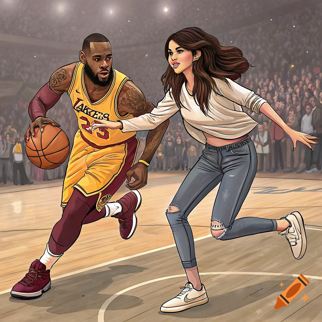 Cartoon of LeBron James playing basketball against Selena Gomez on a ...
