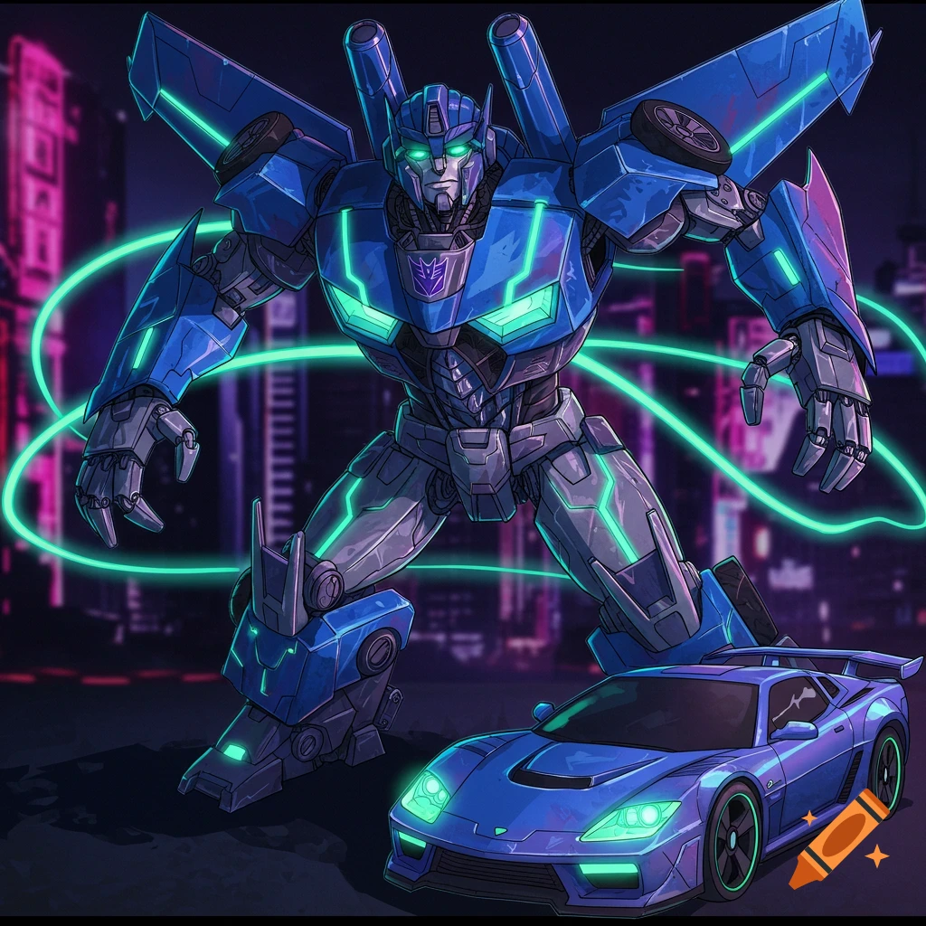 Blue transformer robot stands over a matching blue sports car in a city ...