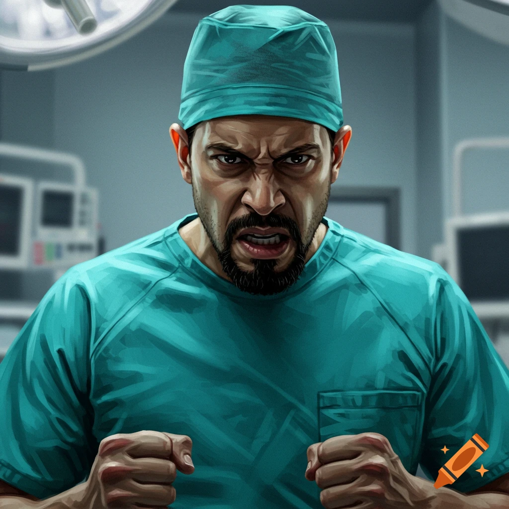 Three medical doctors with tattoos on hands holding a machete on Craiyon