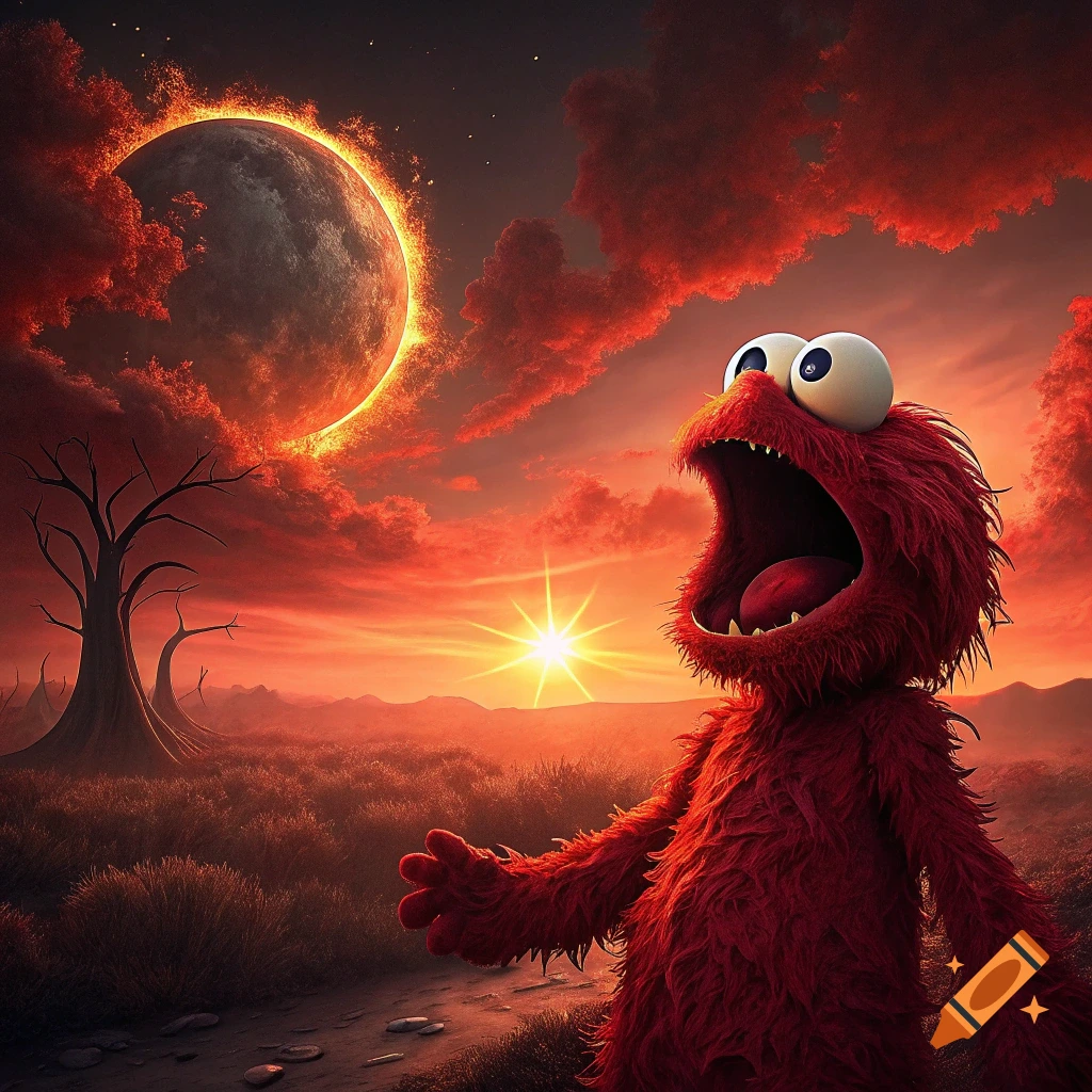 Elmo screaming against a colorful sunrise sky, digital art. on Craiyon