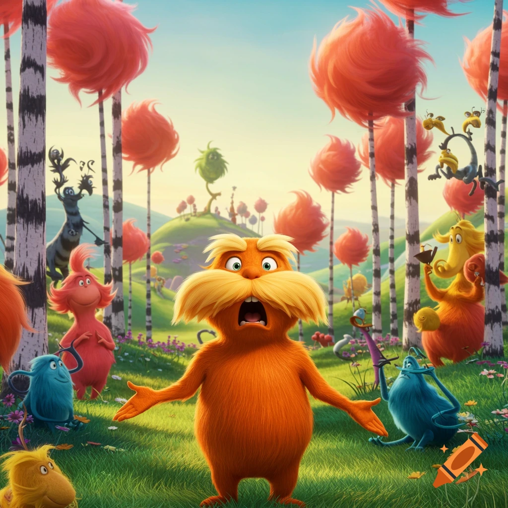 Image of the Lorax in a dystopian setting on Craiyon