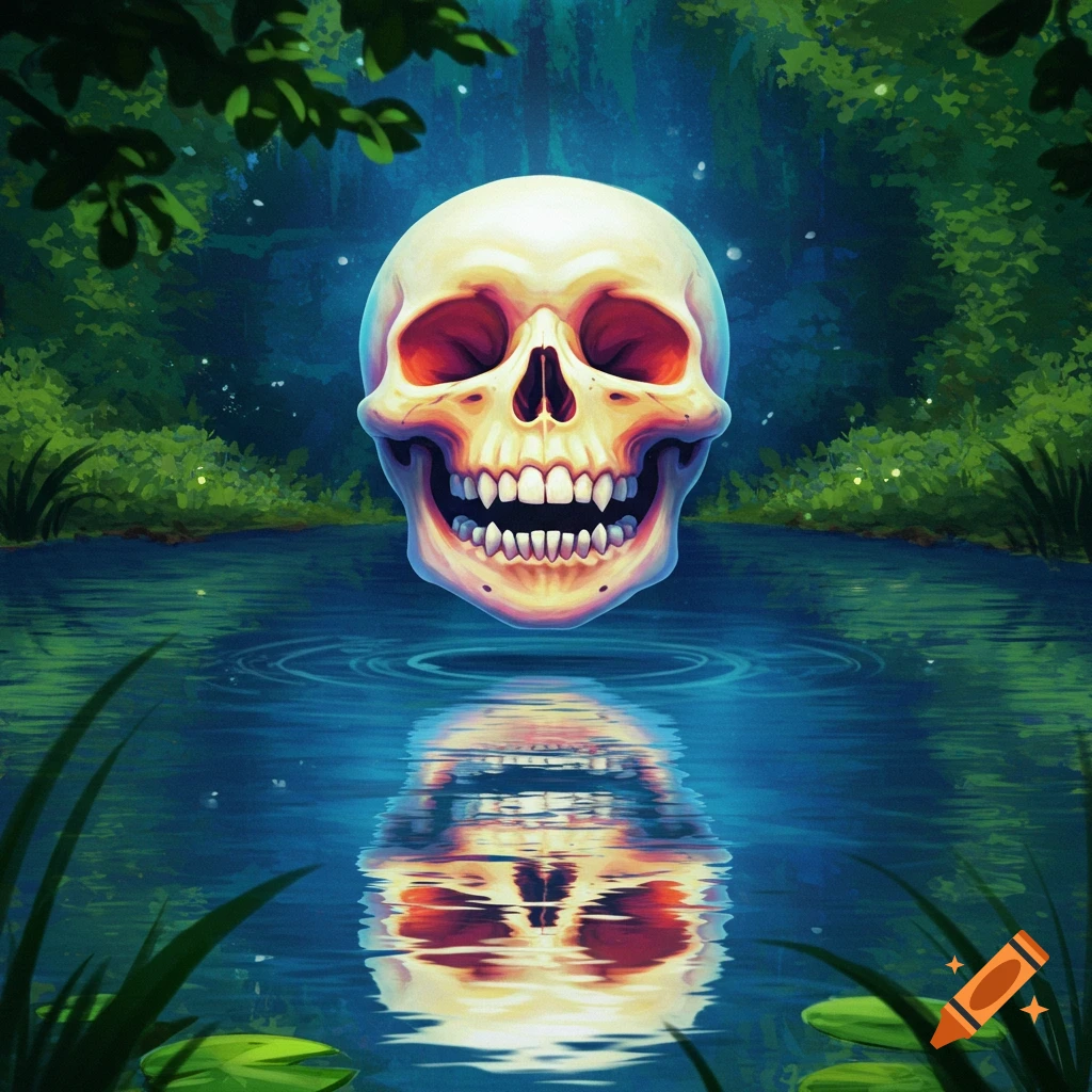 A stylized image of a laughing skull floating over a lake in a forest ...