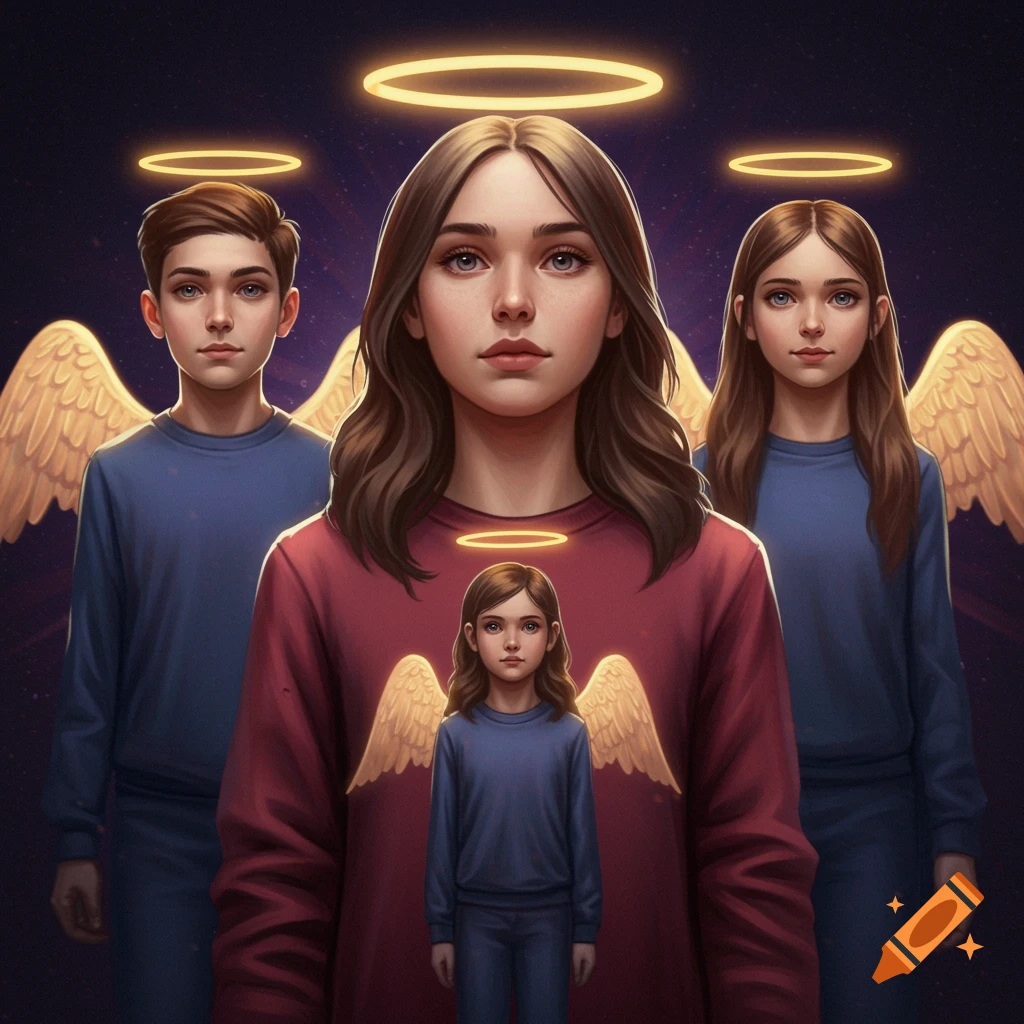 A girl standing between two friends, one a boy with a halo and one a ...
