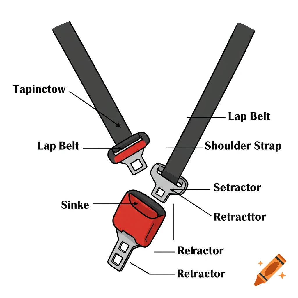 Seatbelt diagram with buckle, lap belt, shoulder strap, and retractor ...