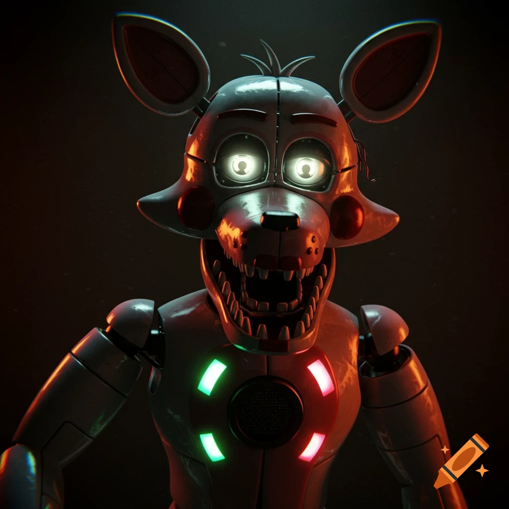 A white animatronic character with glowing eyes, sharp teeth, and chest ...