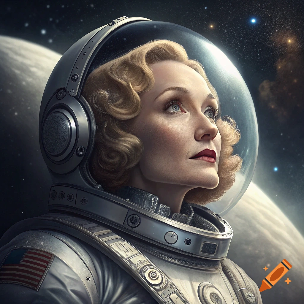 Illustrative portrait of a woman astronaut in a space suit, looking up with Earth and stars ...