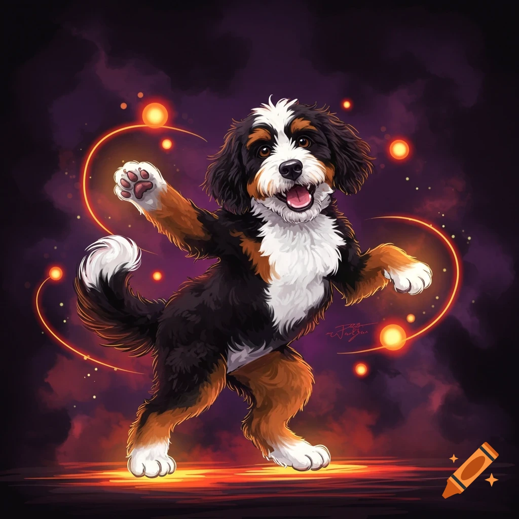 Bernadoodle dancing to thriller on Craiyon