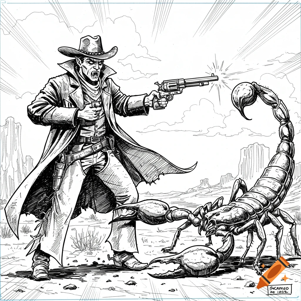 Vampire cowboy shooting at a scorpion, black and white comic book style ...