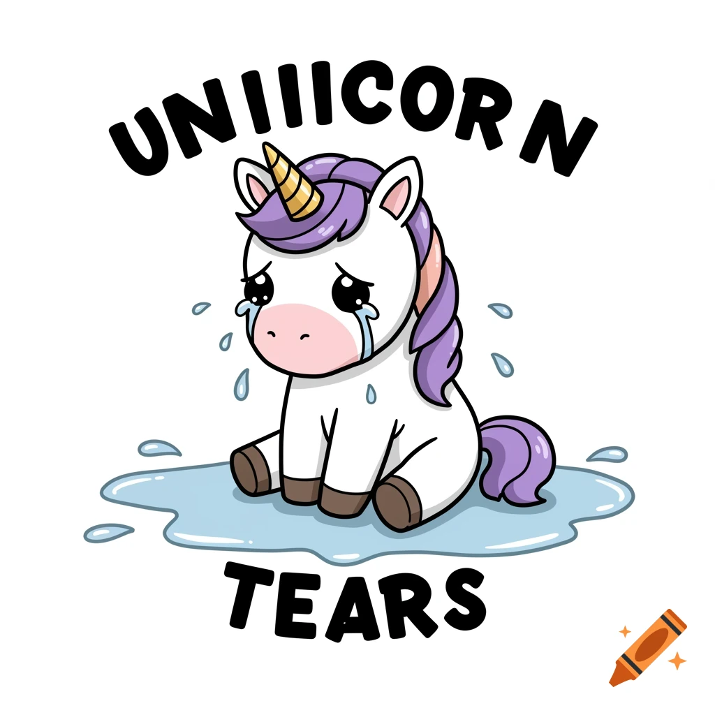 Cartoon unicorn crying with puddle of tears on Craiyon