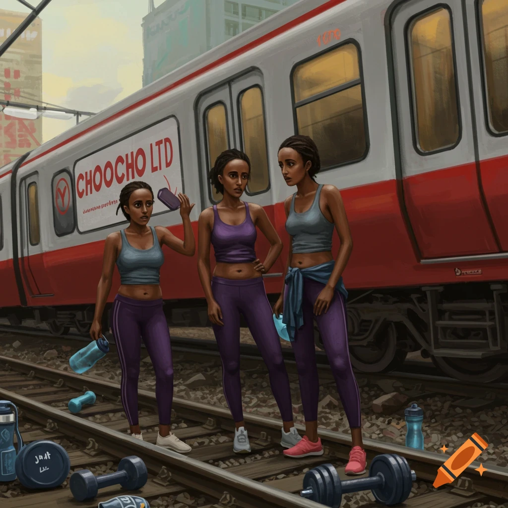 Three women in gym clothes standing by a train on railroad tracks with ...