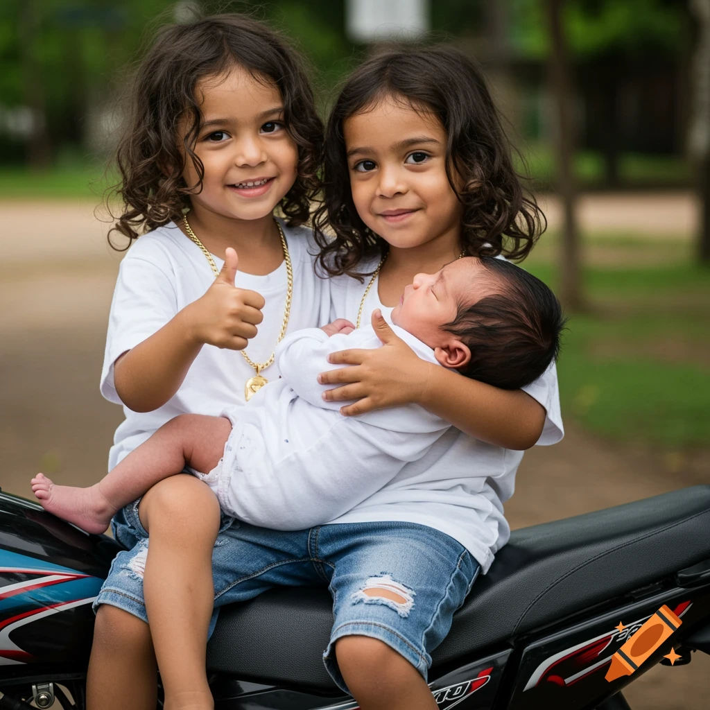 Brazilian boy with baby brother on motorcycle on Craiyon
