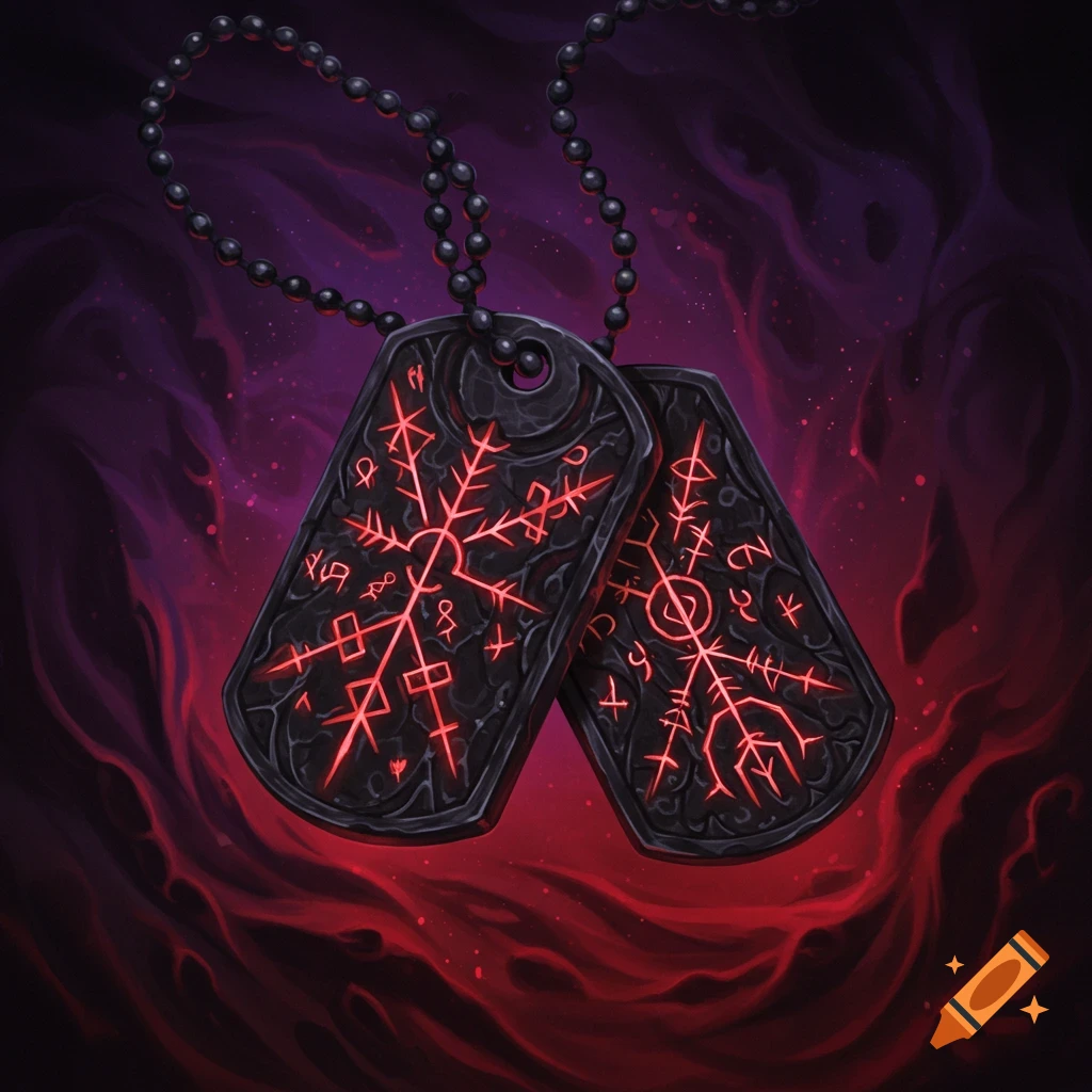 Two dark dog tags with red glowing runic symbols on a chain against a ...