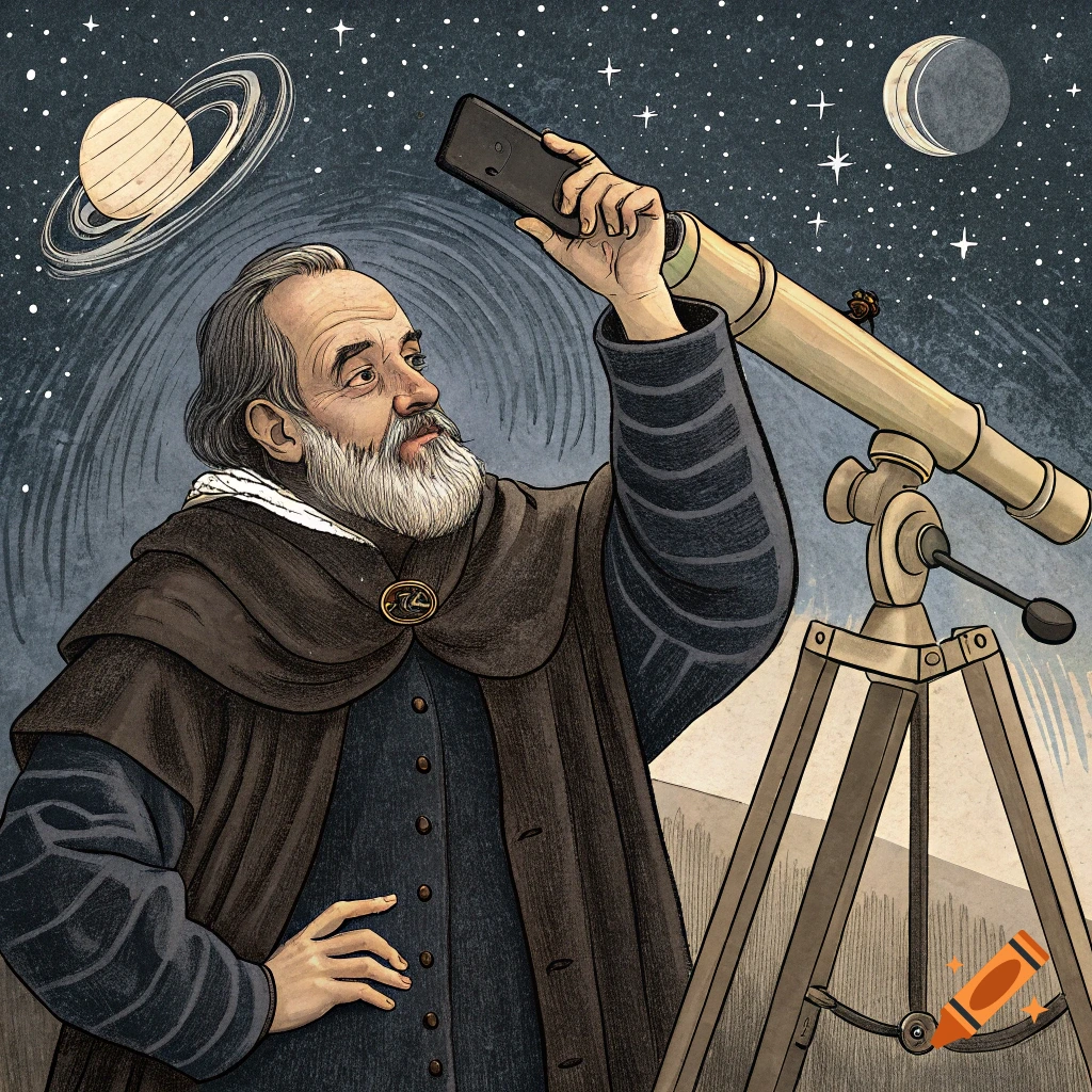 Illustration of a scientist looking at stars outside an observatory ...