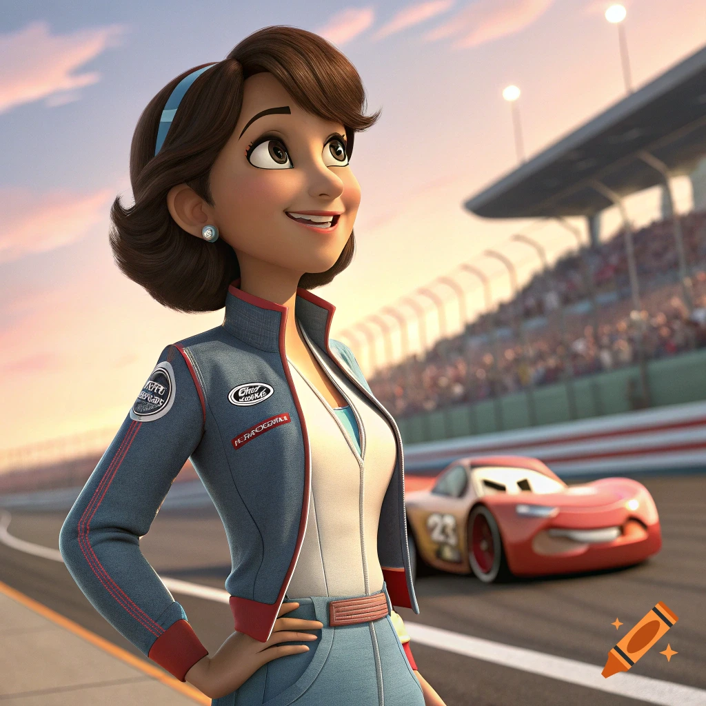 Animated woman in racing jacket at a track with a race car. on Craiyon