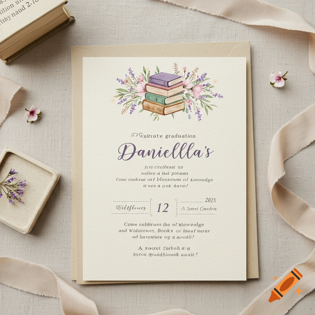 Daniella's graduation party invitation with wildflower and book theme ...