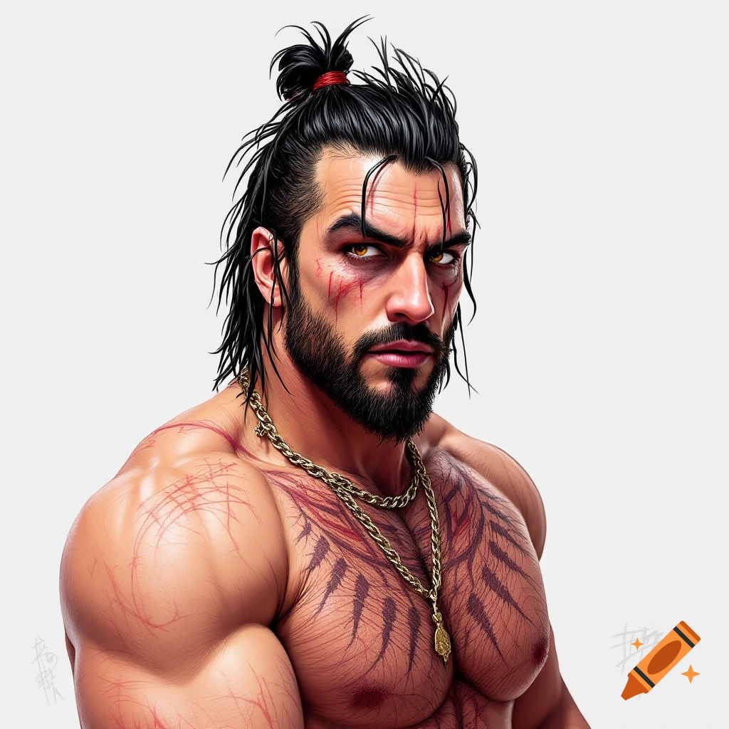 Muscular man with a topknot, beard, scars, and a gold chain. on Craiyon