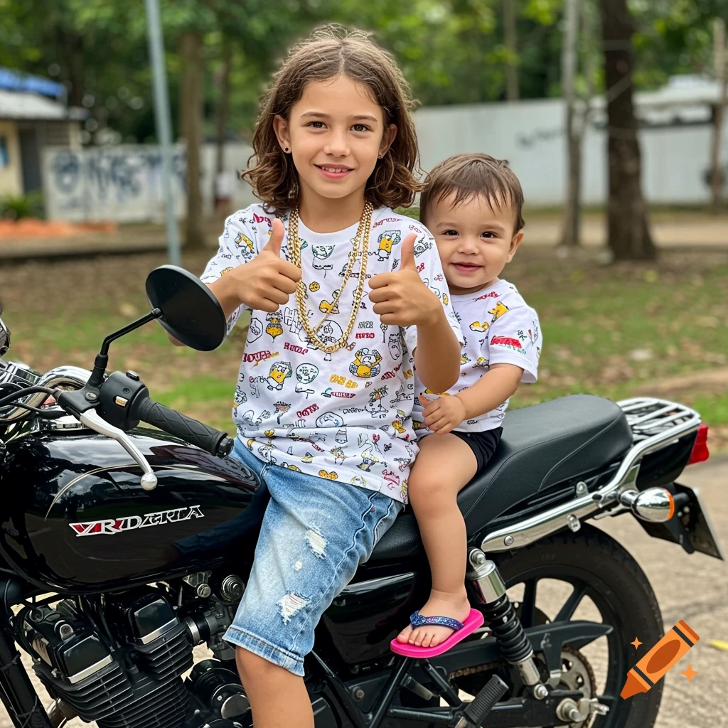 Brazilian boy on motorcycle with baby brother on Craiyon