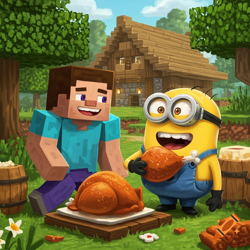 Minion Kevin and Steve from Minecraft eating a turkey leg on Craiyon