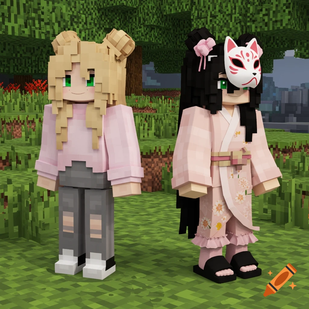 Two Minecraft girls, one in a pink sweater, the other in a kimono and ...