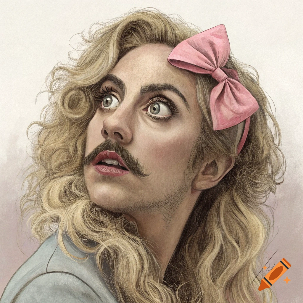 A stylized illustration of a woman with a mustache, goatee, big eyes ...