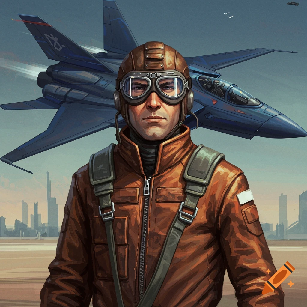 Four pilots stand in front of a jet on a tarmac at sunset in an ...