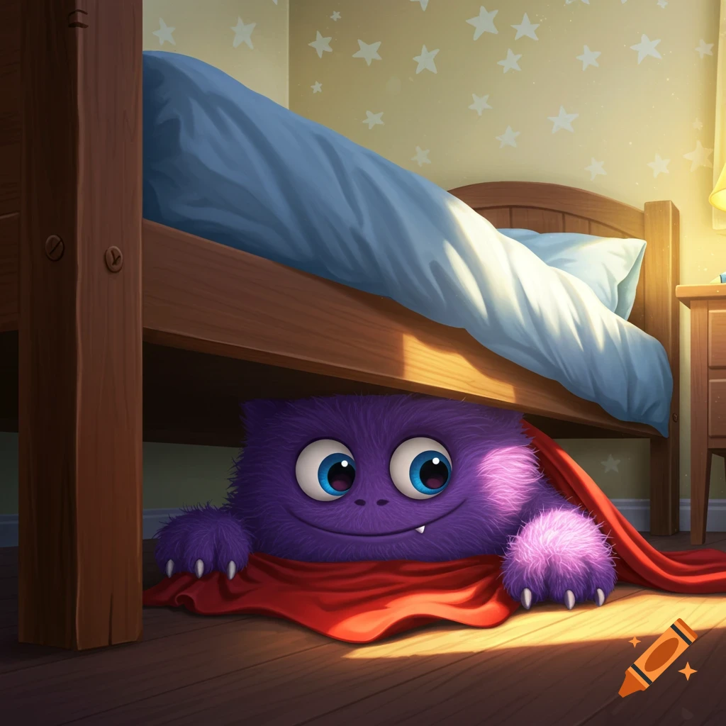 Friendly monster under a bed wearing a superhero cape on Craiyon