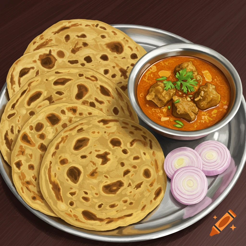 Triangular parathas with goat curry on a plate on Craiyon