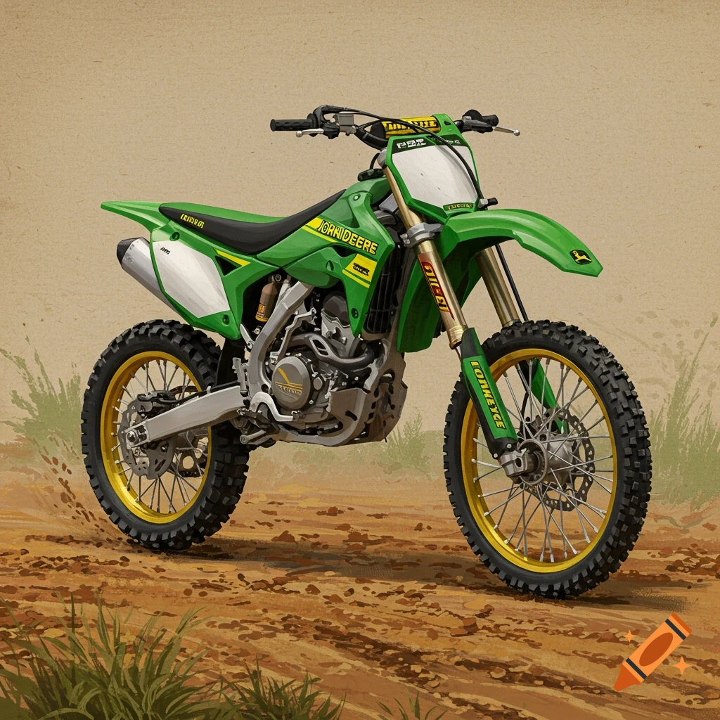 A green and yellow John Deere dirt bike sits on a dirt track. on Craiyon