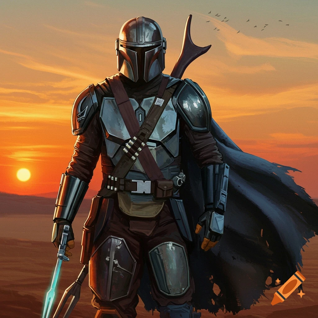 A sun elf in Mandalorian armor stands in a desert-like landscape ...