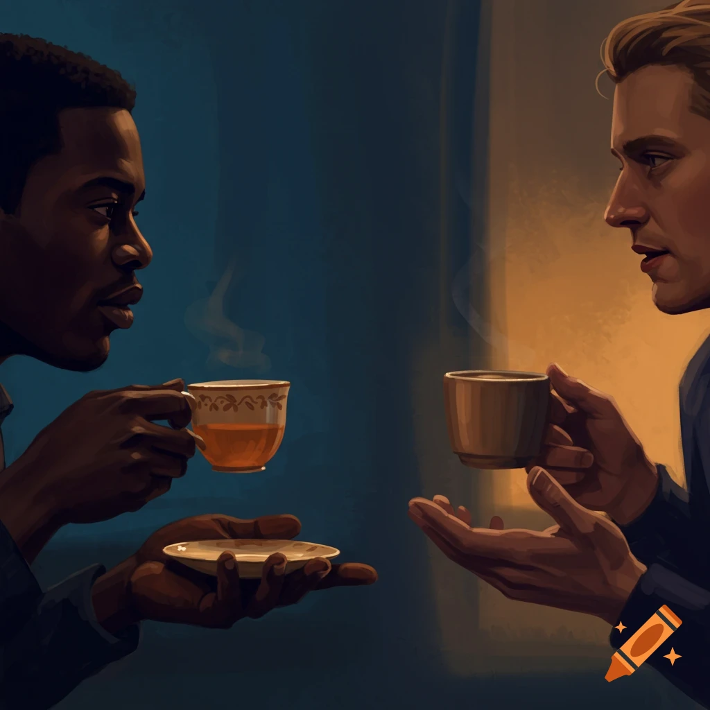 Two men enjoying tea and coffee during a conversation on Craiyon