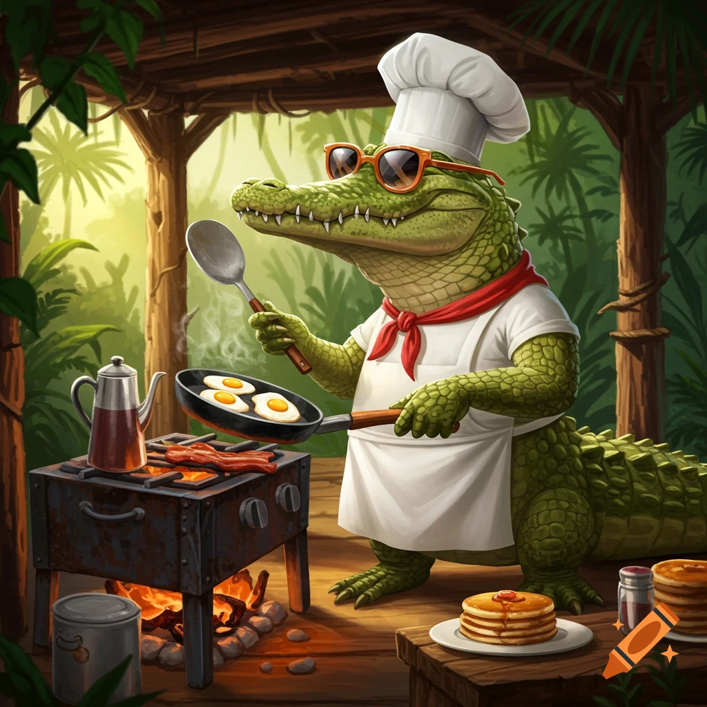 An alligator chef wearing sunglasses is cooking eggs and bacon outdoors ...