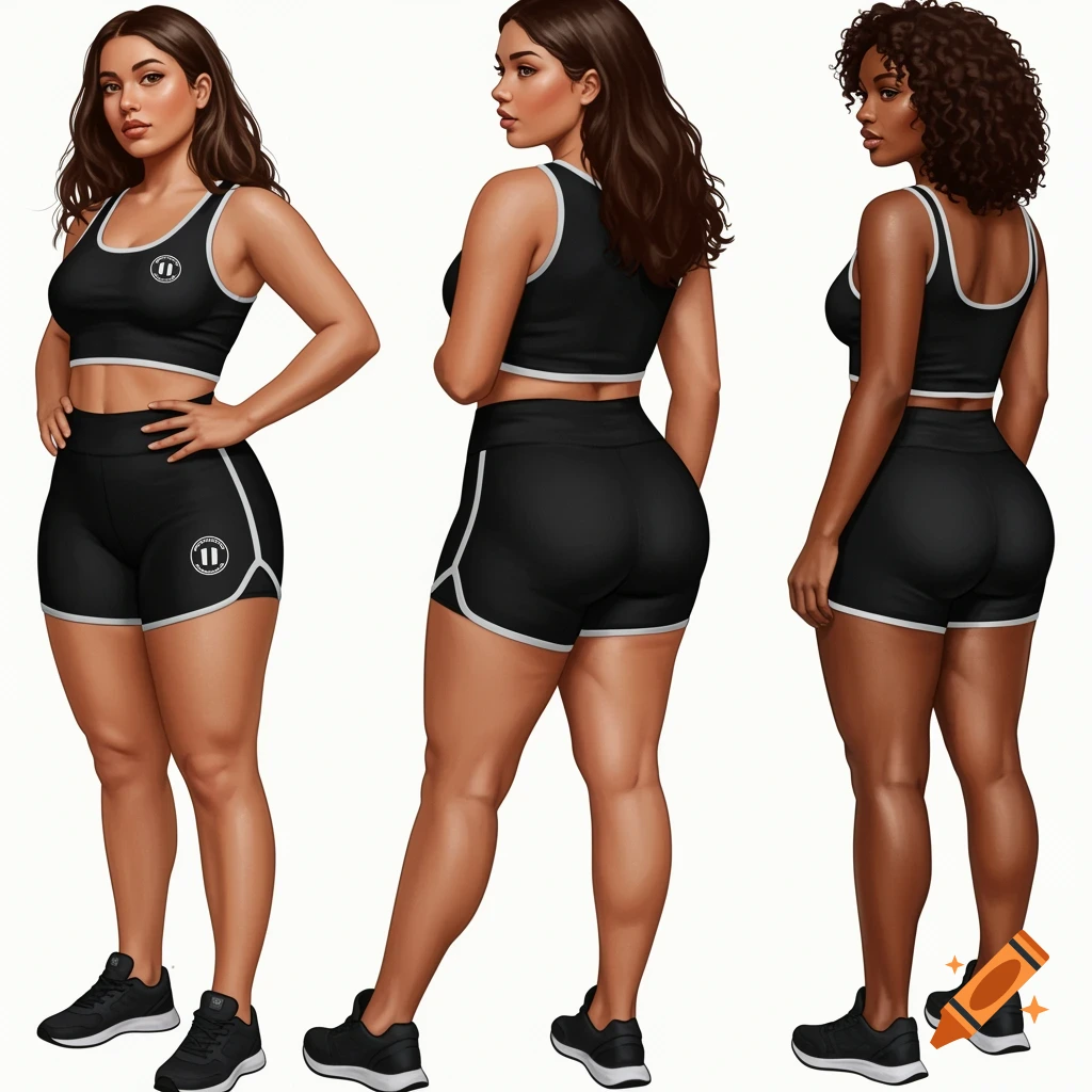 Black two-piece activewear set on diverse plus-size AI models on Craiyon