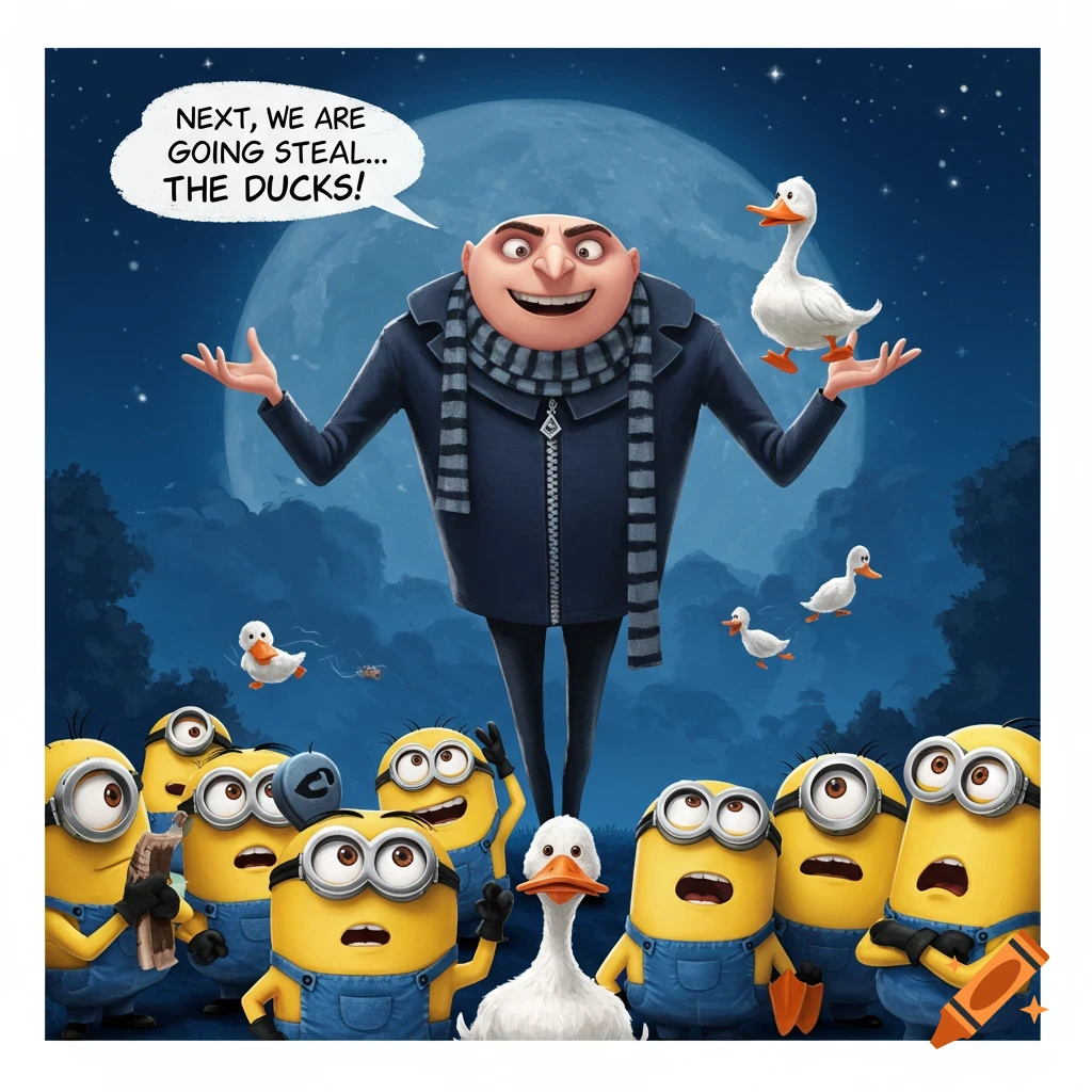 Gru movie scene parody with ducks stealing the moon, text present "Next ...