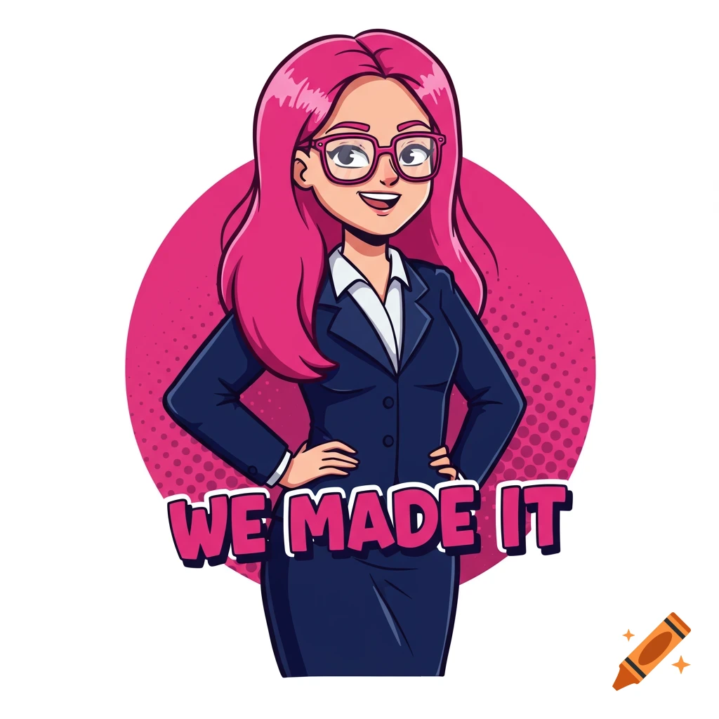 Cartoon female lawyer saying we made it in a circular image logo style ...