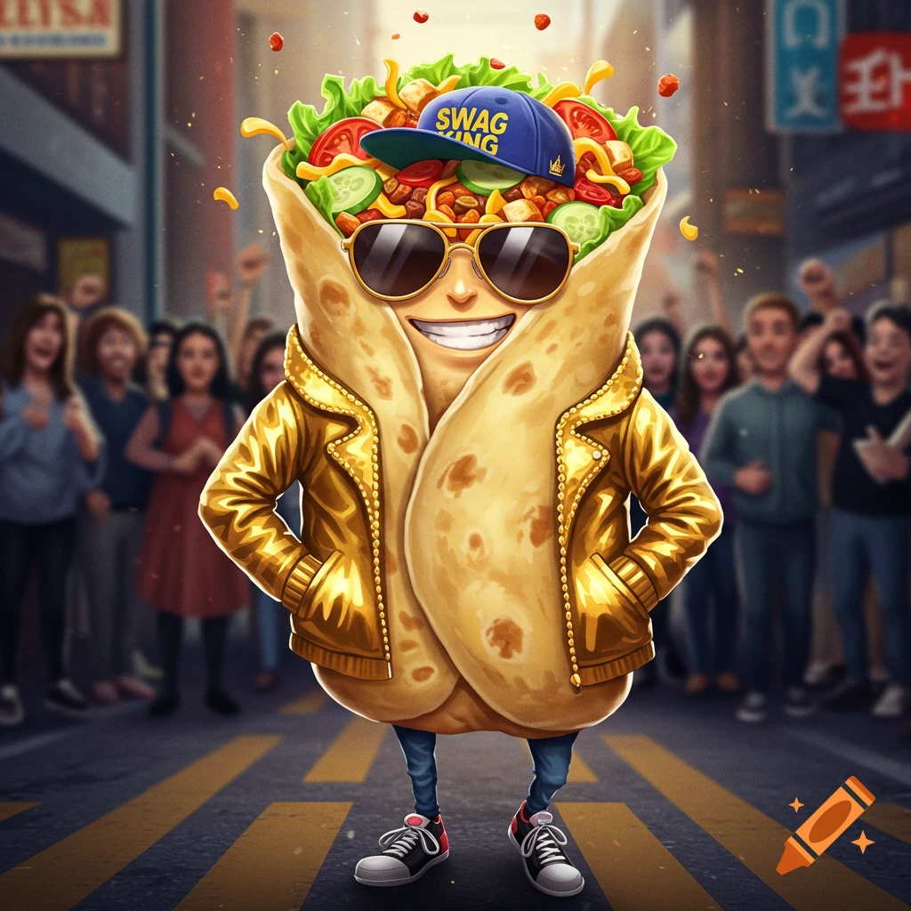 A cartoon burrito gangster holds a gun and money on a street. on Craiyon