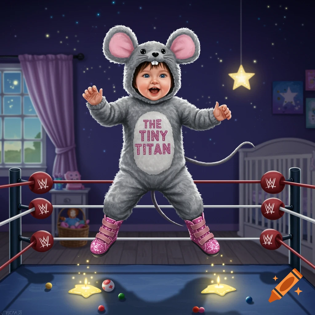 Baby girl in mouse costume wrestling in nursery, "The Tiny Titan" on Craiyon