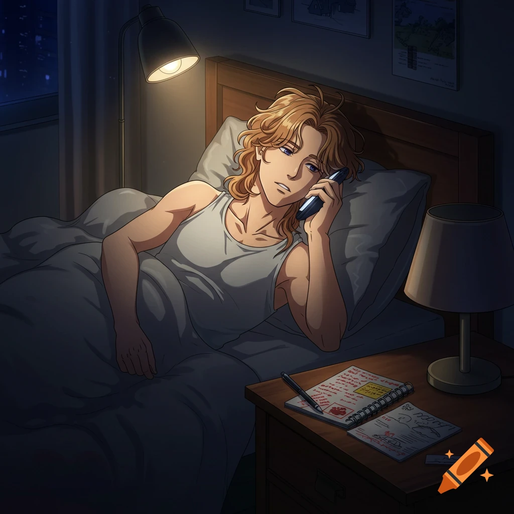 Anime art of a man answering a late-night phone call in his bedroom on ...