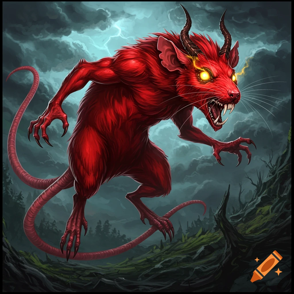 A red horned creature resembling a rat with glowing eyes, standing in a ...