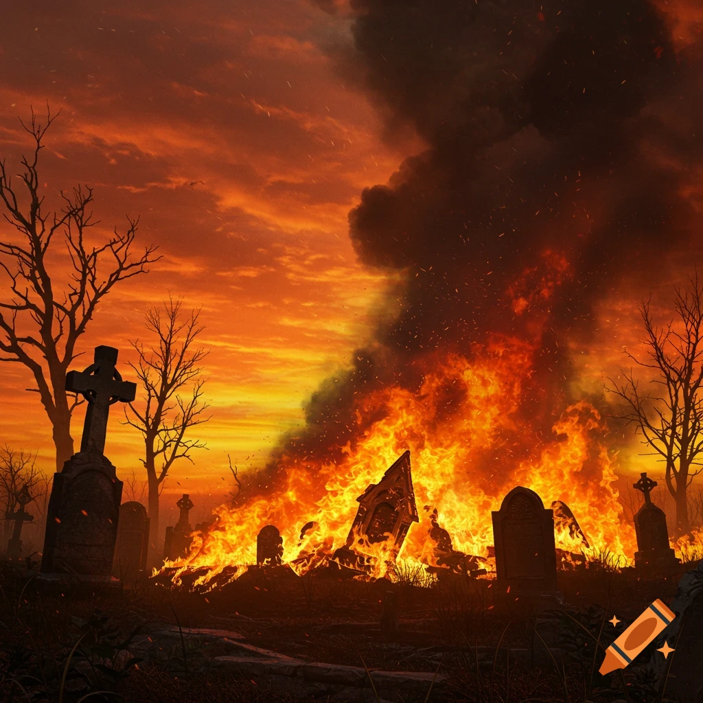 A cemetery on fire at sunset on Craiyon