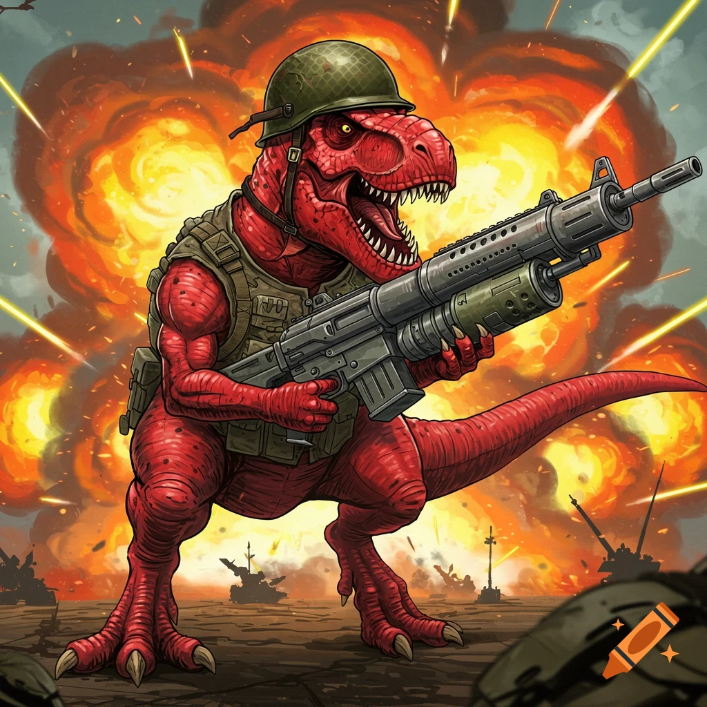 Red T-Rex with army hat and gun in front of a military rocket explosion on Craiyon