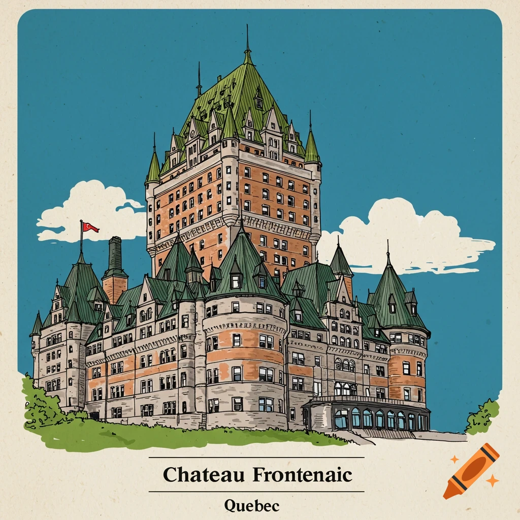 Hand-sketched illustration of Quebec's Chateau Frontenac on Craiyon