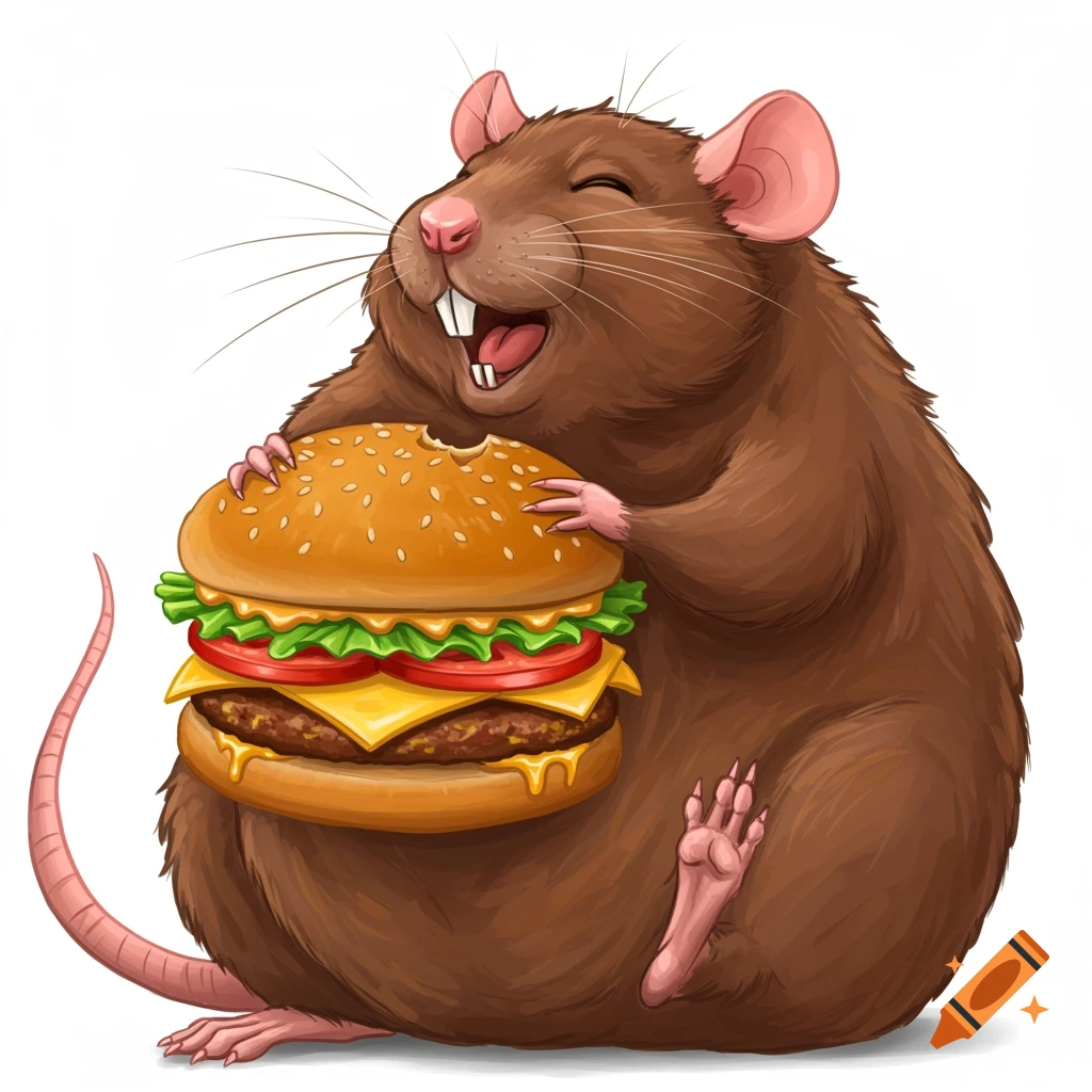 A fat rat in a black tuxedo drips melted cheese. Digital illustration ...