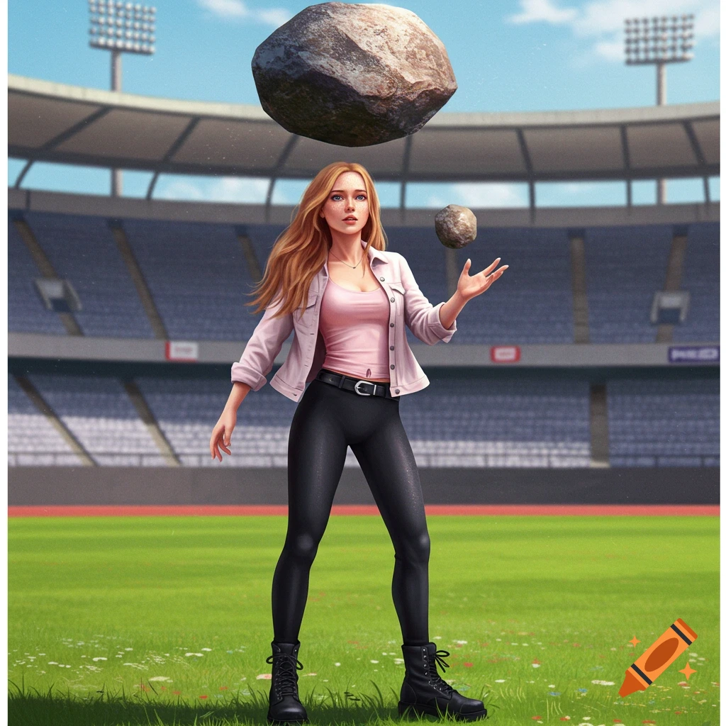 Woman levitating boulder in stadium on Craiyon
