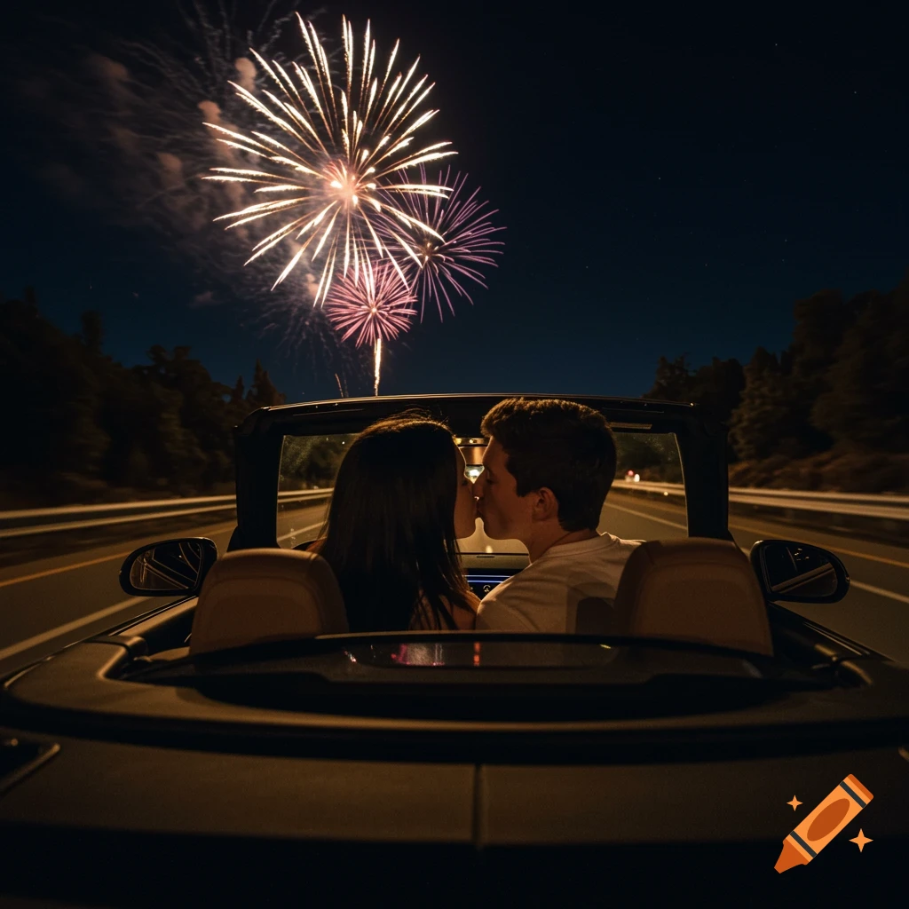 Teenagers kissing in a speeding Mercedes convertible at night with ...