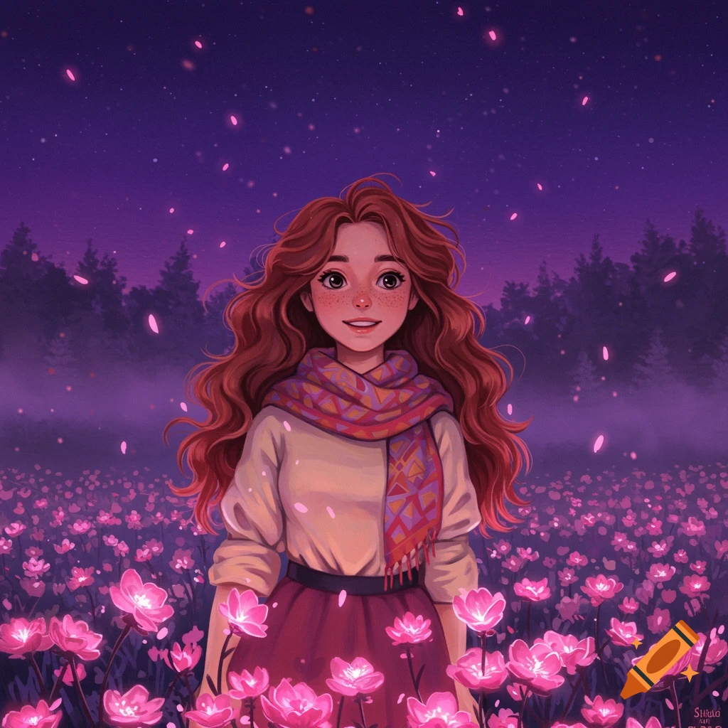 Illustration of cartoon girls playing among flowers and butterflies in a pastel pink and purple ...