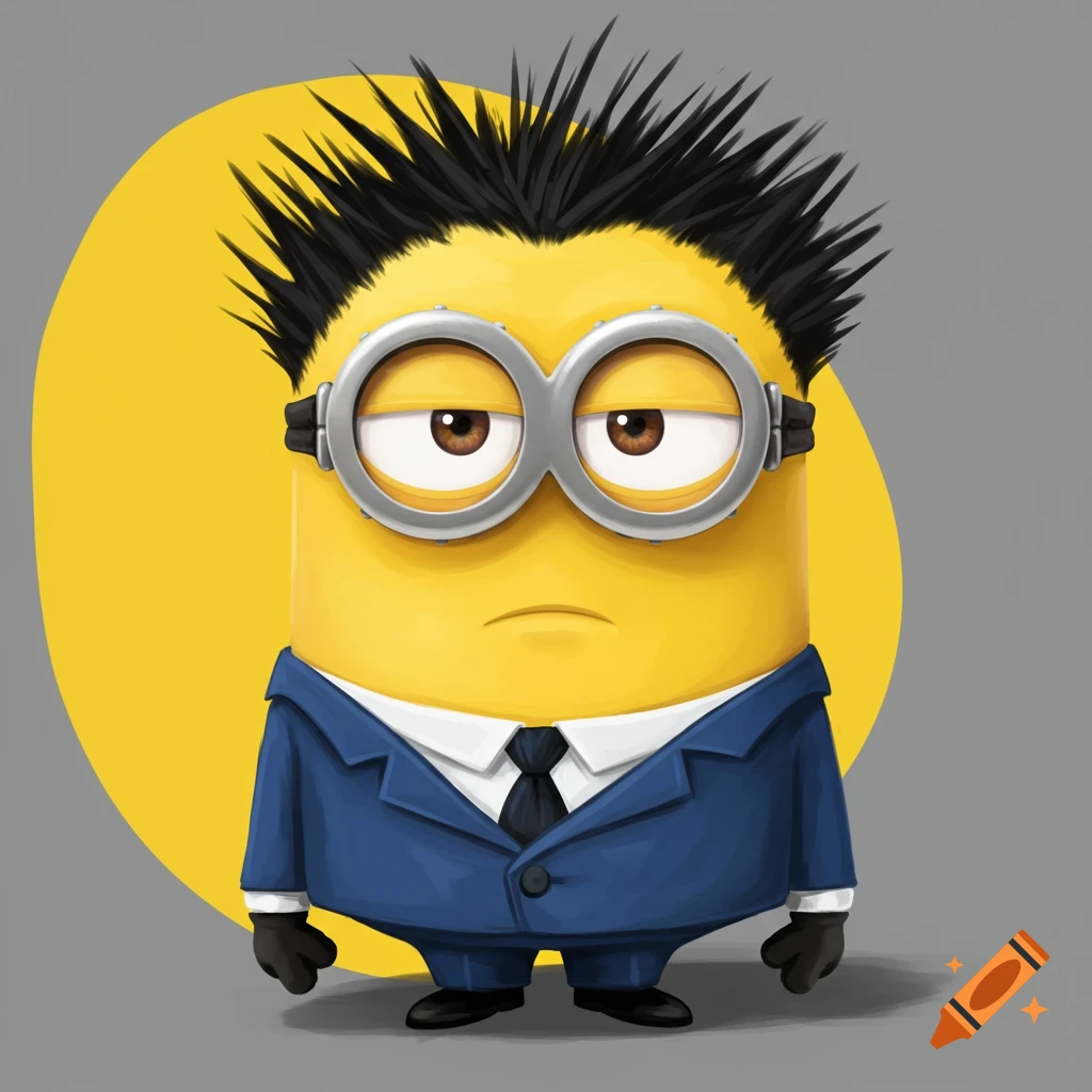 Minion with glasses in a blue suit and spiky black hair on Craiyon
