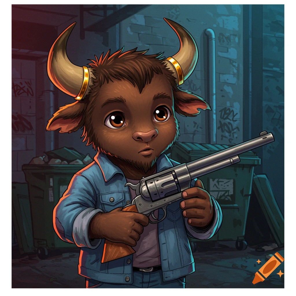 Cartoon Minotaur child in denim jacket holding a revolver in an urban ...